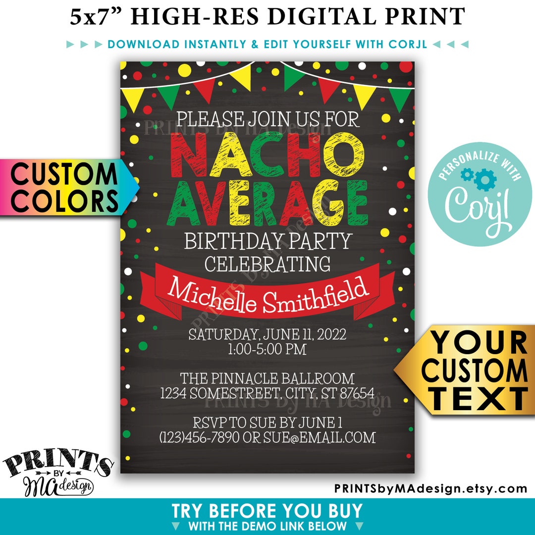 Nacho Average Birthday Invitation, Taco, Mexican Fiesta, Custom ...