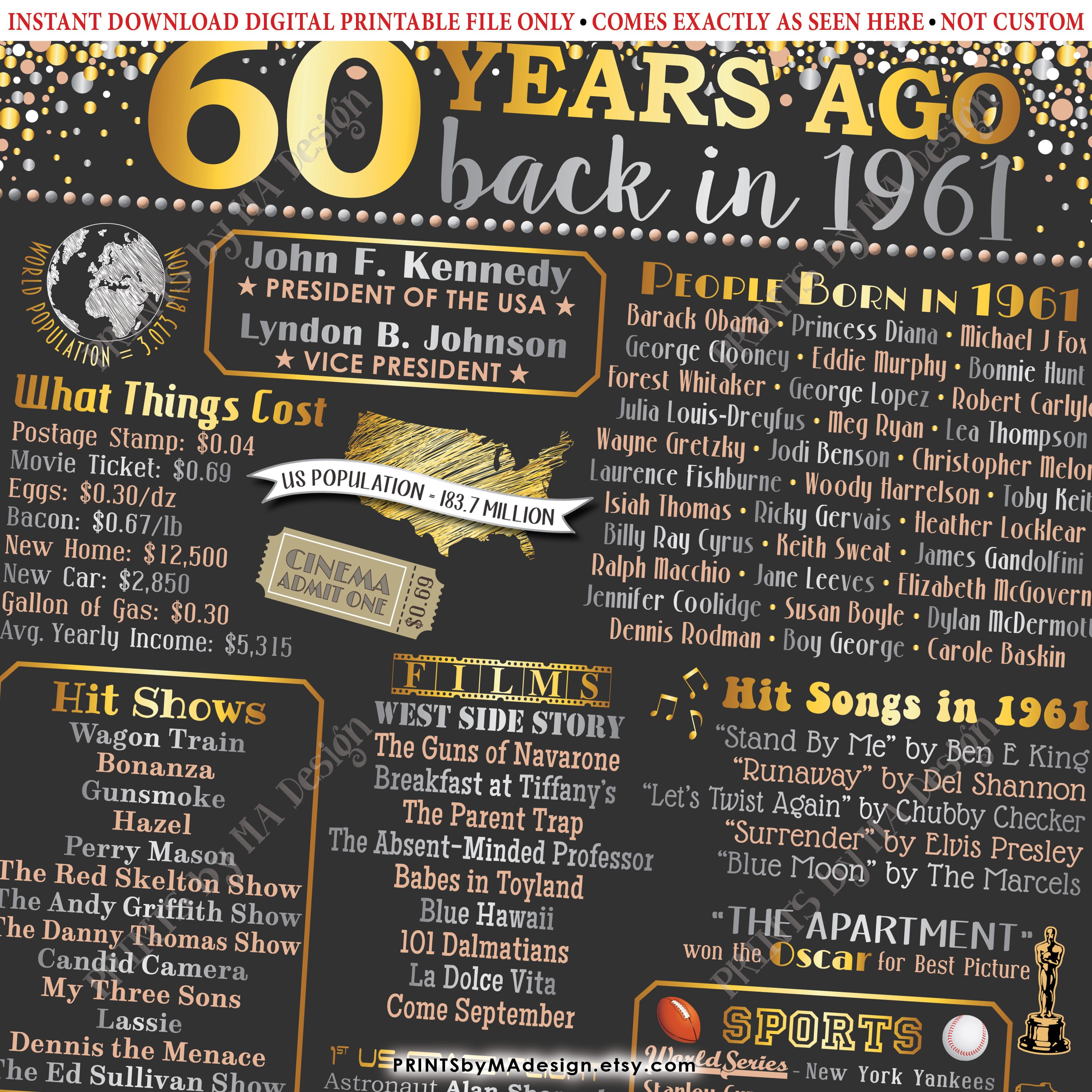 60th Birthday Poster Board, Back in the Year 1961 Flashback 60 Years ...