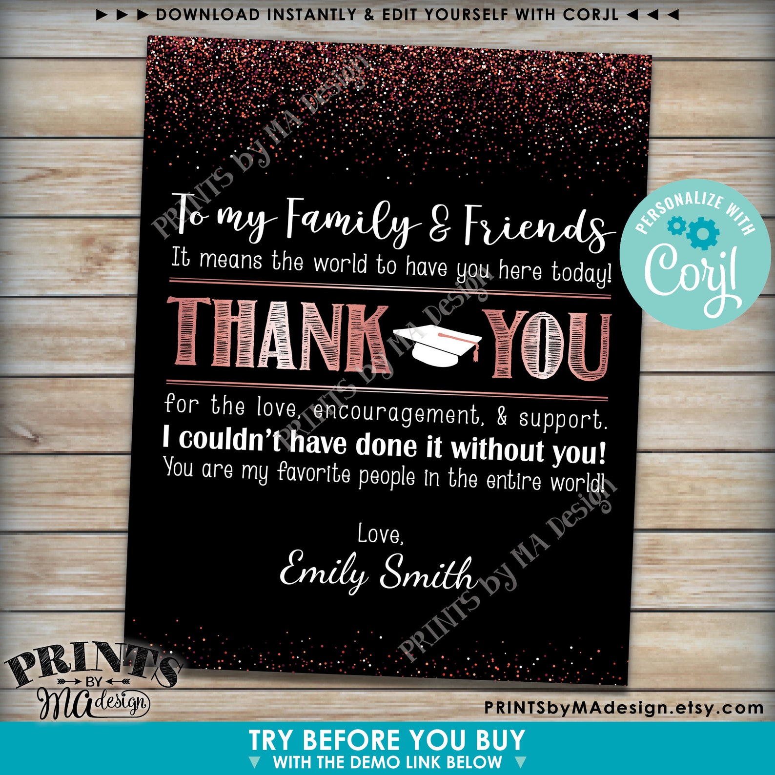 Graduation Thank You Sign PRINTABLE 8x10/16x20 Black & Rose | Etsy