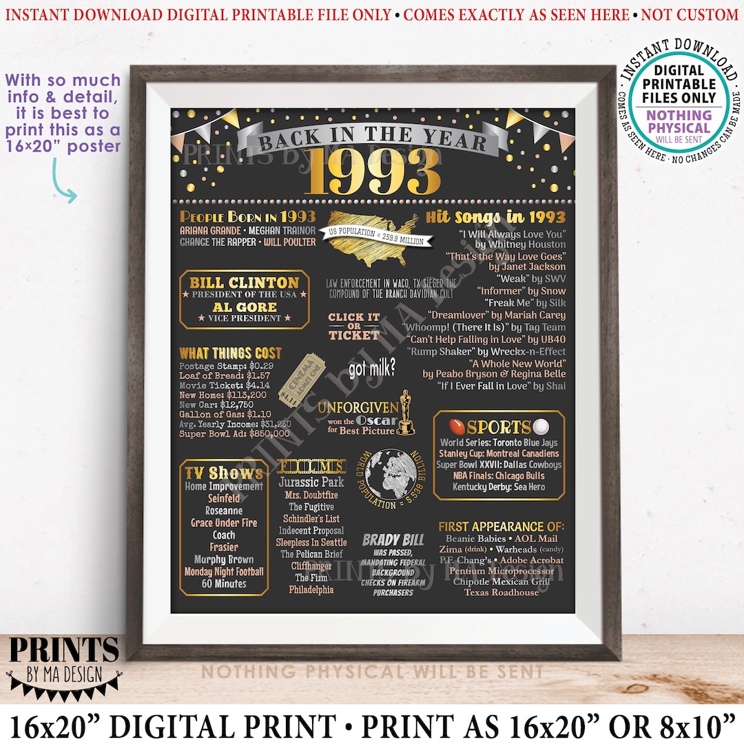 Back in the Year 1993 Poster Board, Remember 1993 Sign, Flashback to ...