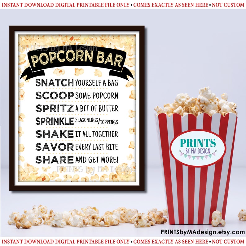 Popcorn Bar Sign, Make Your Own Popcorn Directions, Movie Theater ...