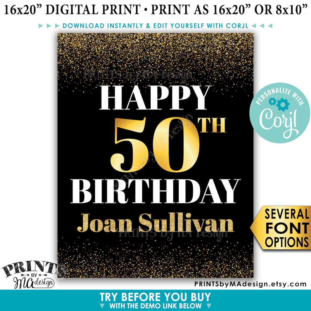 Golden Happy Birthday Sign, B-day Party Celebration, PRINTABLE 8x10 ...
