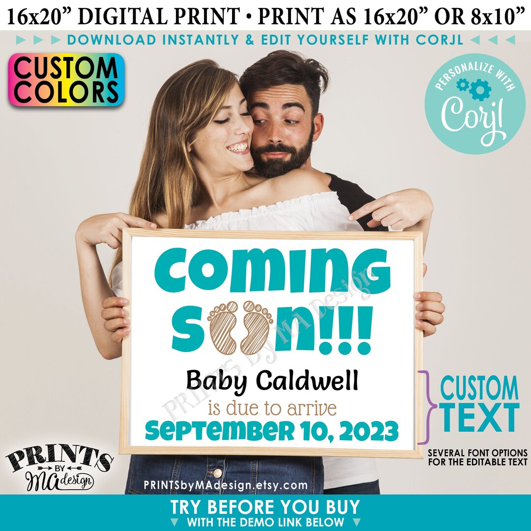 Coming Soon Pregnancy Announcement Sign, Baby Feet Footprints, Custom ...
