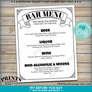 Bar Menu Sign Custom PRINTABLE 8x10/16x20 Black & White | Etsy
