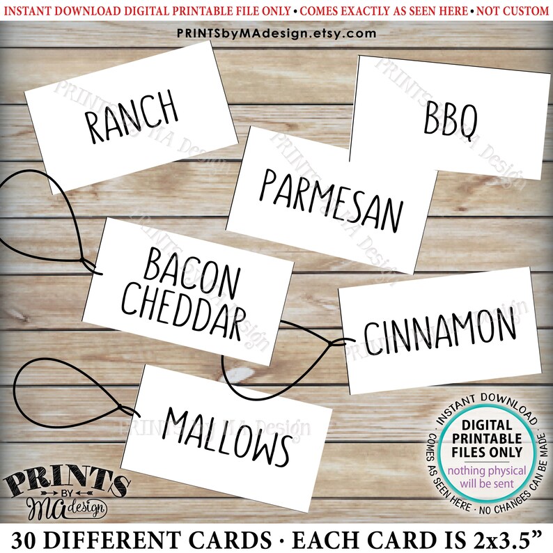 Popcorn Bar Labels Popcorn Toppings Sweet & Savory 30 Cards - Etsy