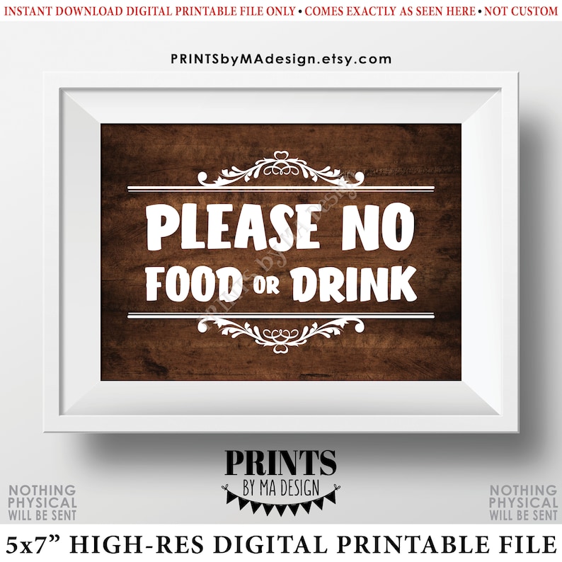 Please No Food or Drink Sign, Keep Food Out, PRINTABLE 5x7” Rustic Wood ...