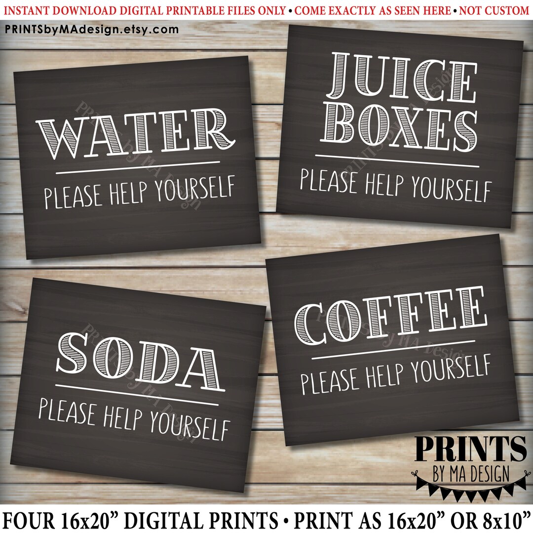 Beverage Station Signs, Please Help Yourself to Water Juice Coffee or ...