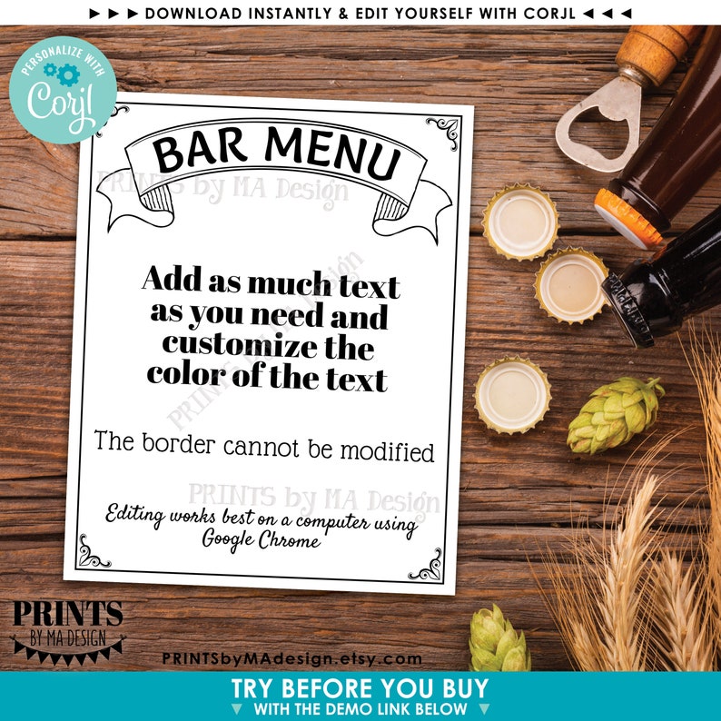 Bar Menu Sign Custom PRINTABLE 8x10/16x20 Black & White | Etsy