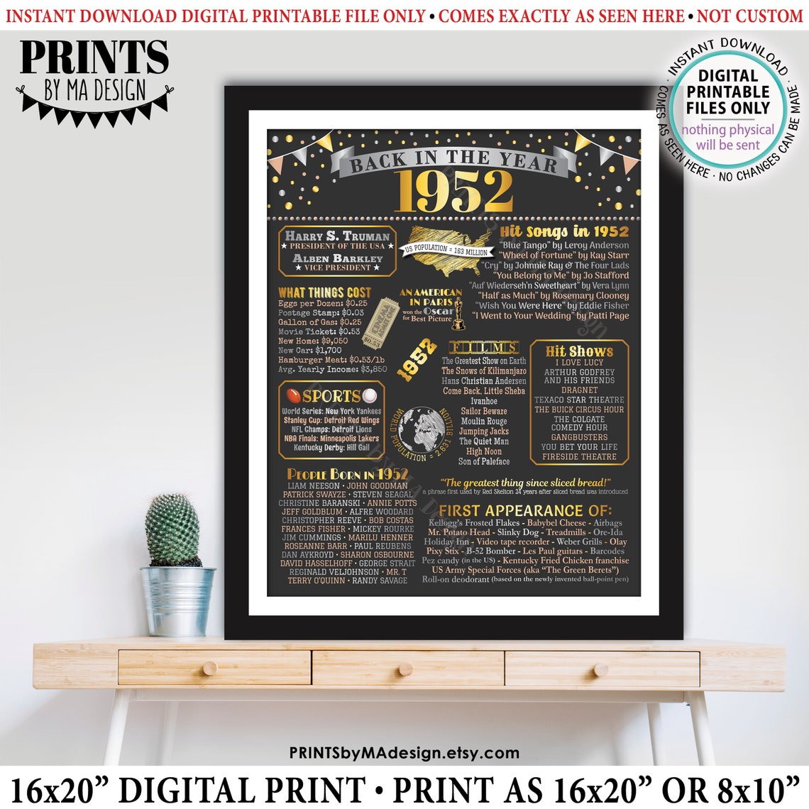 Back in the Year 1952 Poster Board, Remember 1952 Sign, Flashback to ...