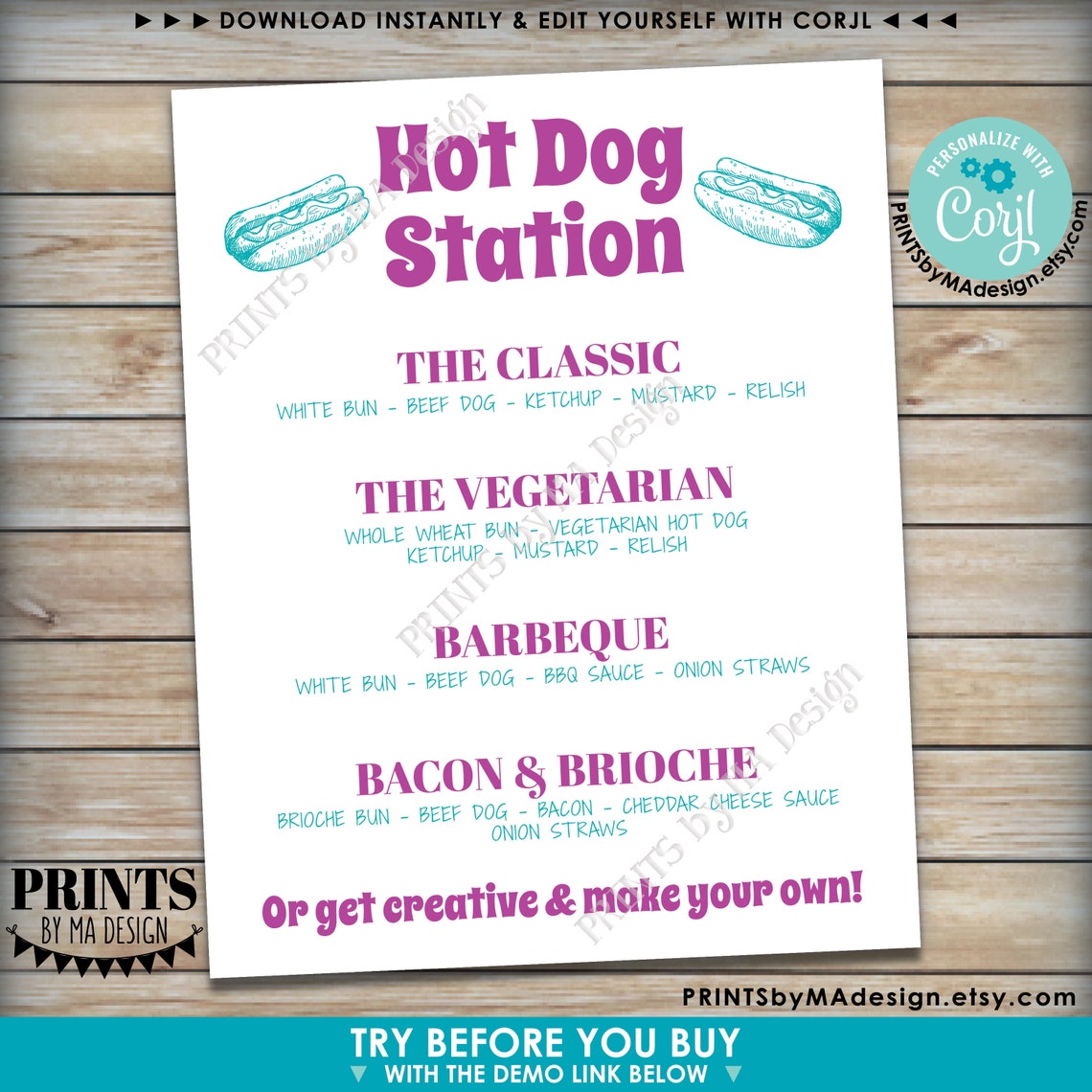 Editable Hot Dog Sign Custom Hot Dog Bar Menu Build Yourself - Etsy