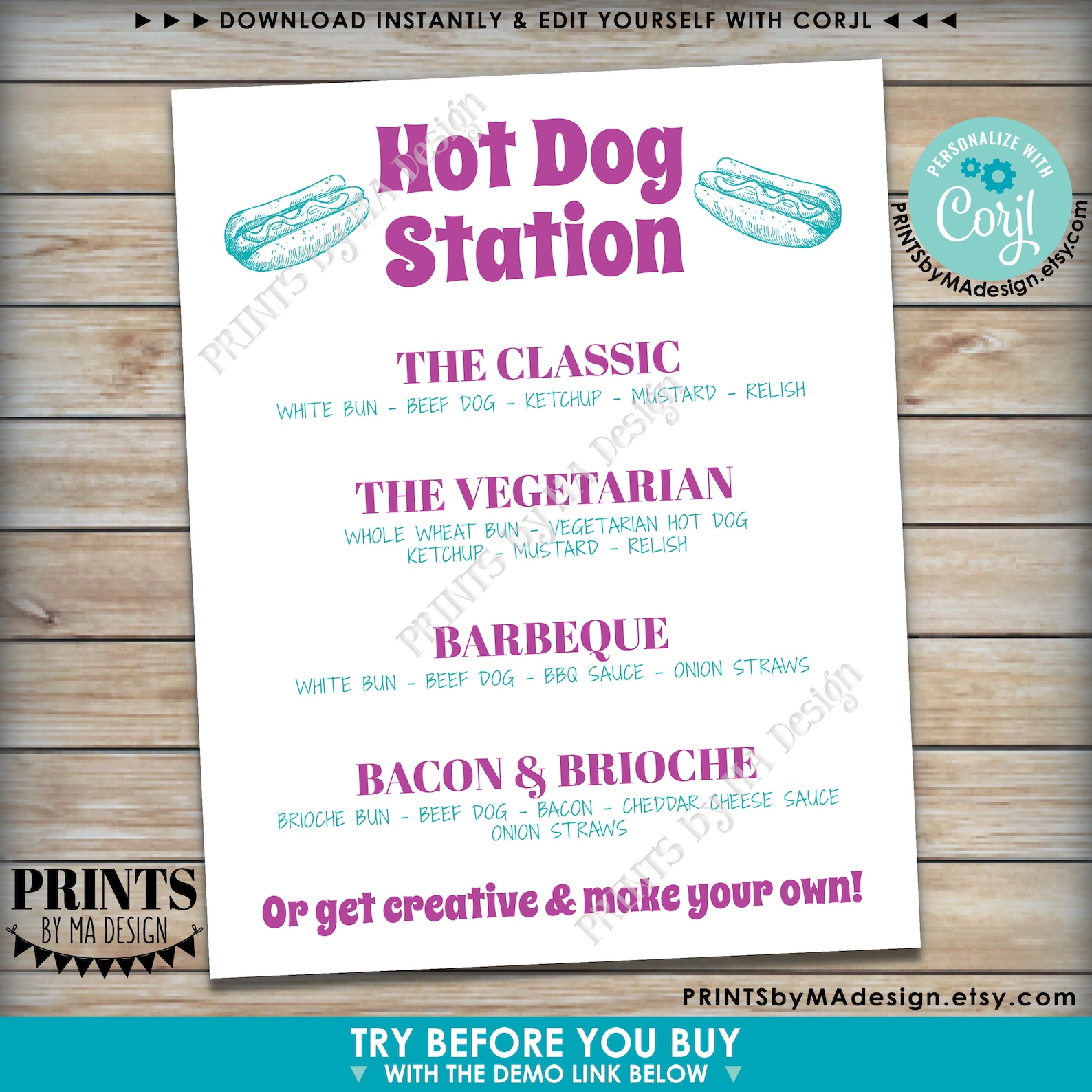 Editable Hot Dog Sign, Custom Hot Dog Bar Menu, Build Yourself a ...