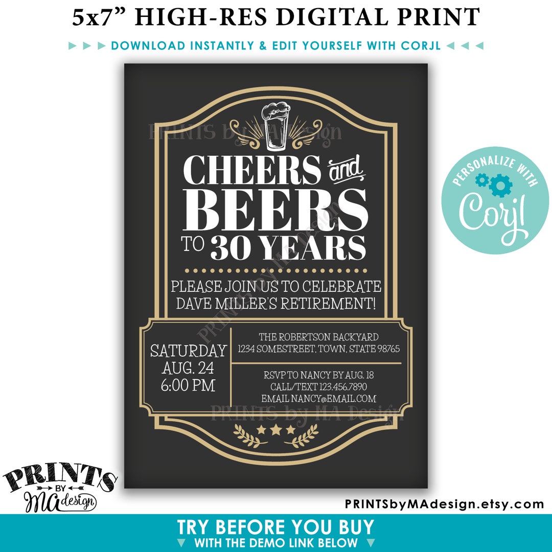 Retirement Inviation, Cheers & Beers to Retirement Years, Cheers to the ...