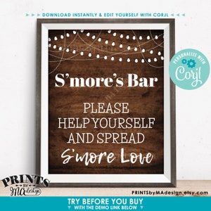 Editable S'more Sign, S'mores Menu, Custom PRINTABLE 8x10/16x20” Rustic ...