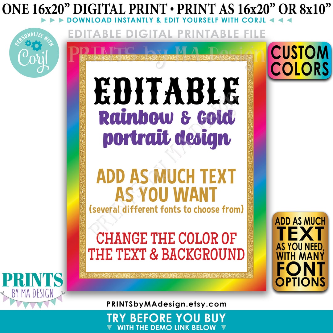 Editable Rainbow Sign With Gold "glitter" Frame, Choose Your Text ...