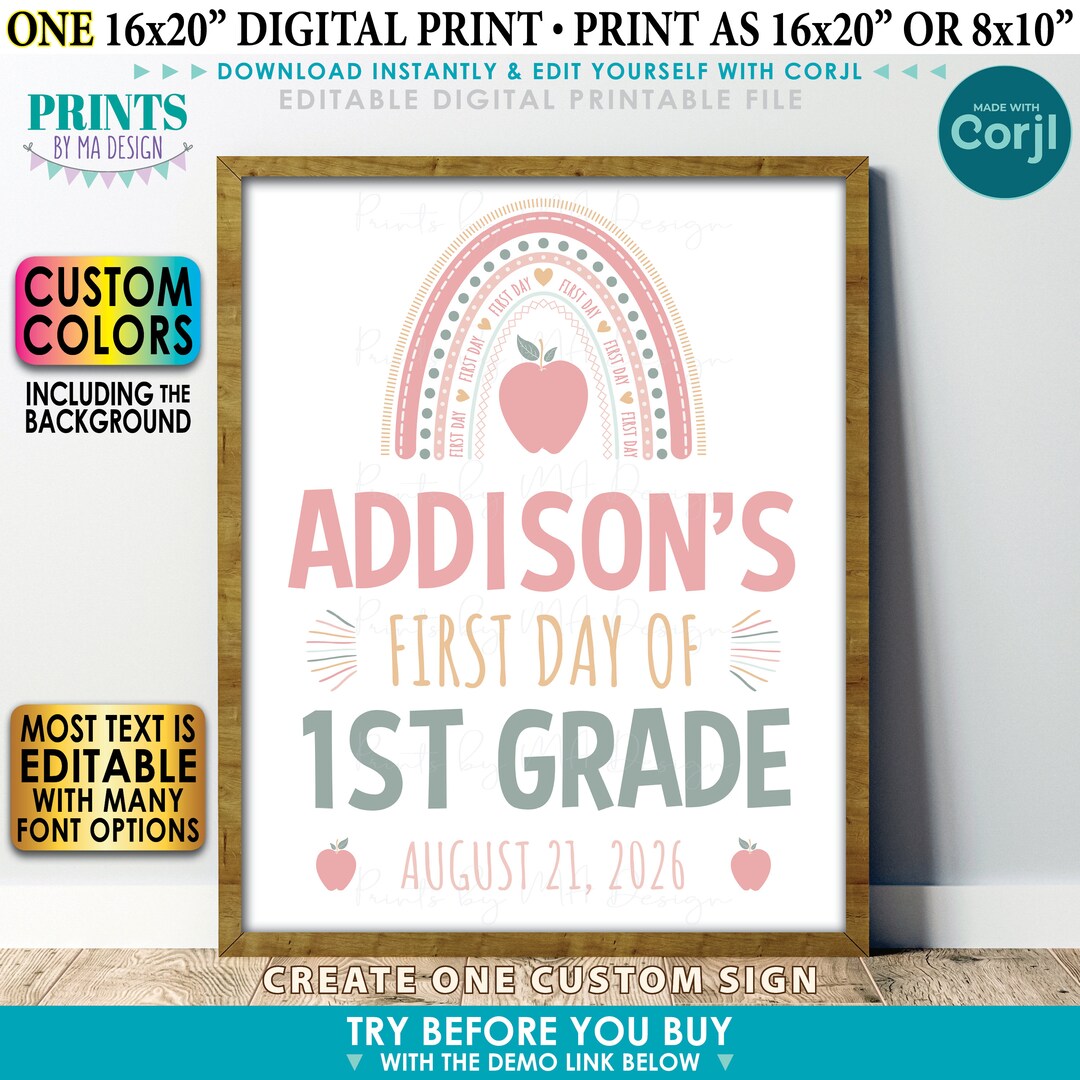 Editable First Day of School Sign, Boho Rainbow, Custom 1st Day ...