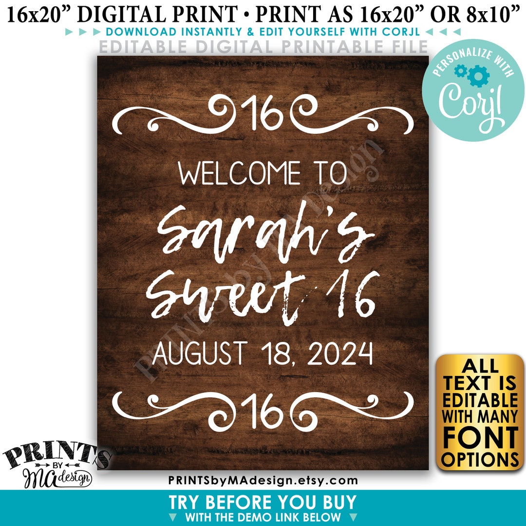 Editable Sweet Sixteen Welcome Sign, Celebrate Sweet Sixteen, Custom ...