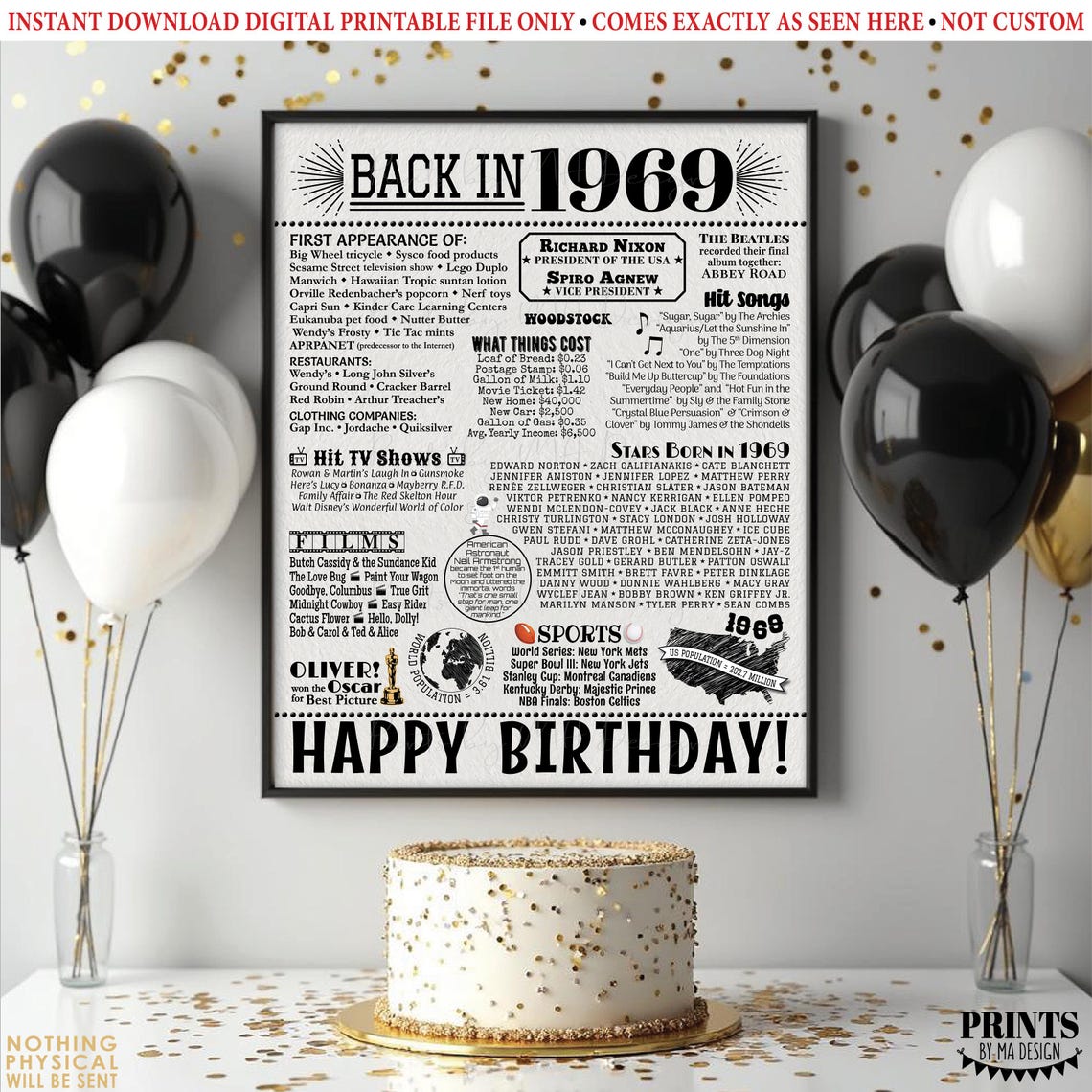 Back in 1969 Sign, '69 Birthday Board, Born in 1969 Poster, Flashback ...