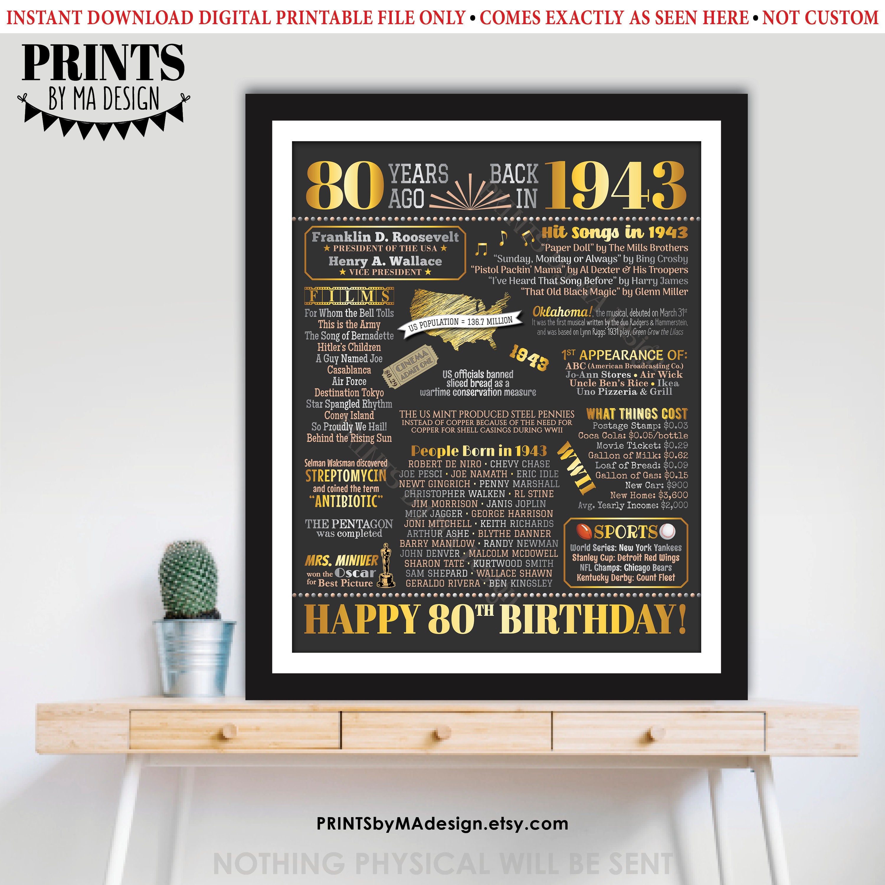 80th Birthday Poster Board, Born in the Year 1943 Flashback 80 Years ...