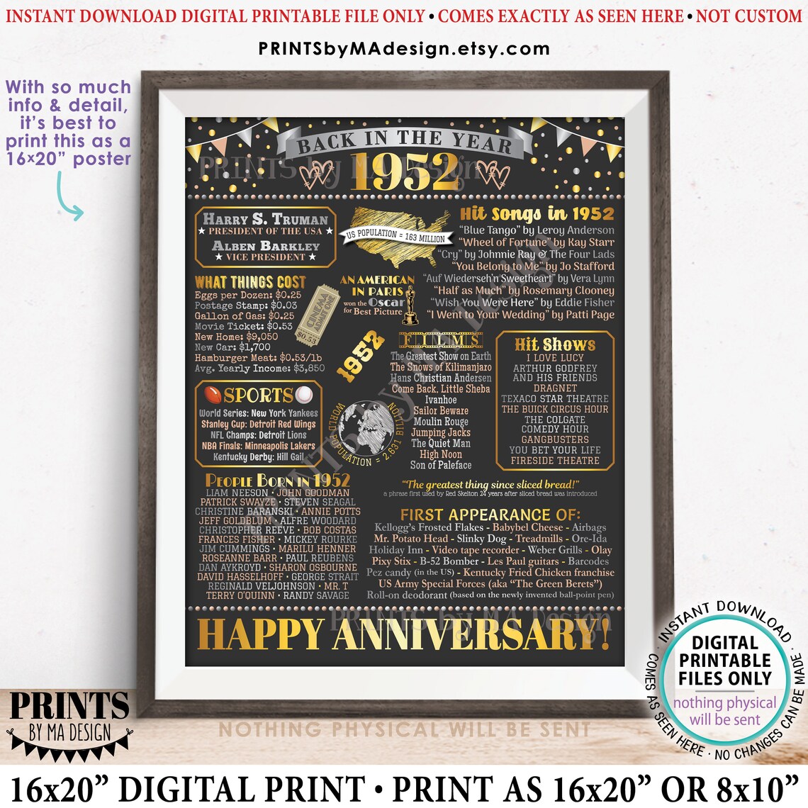 Back in 1952 Anniversary Poster Board Flashback to 1952 - Etsy