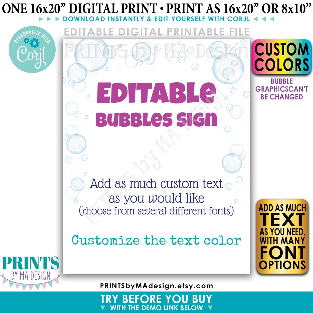 Editable Bubbles Sign, Choose Your Text, One Custom PRINTABLE 8x10 ...
