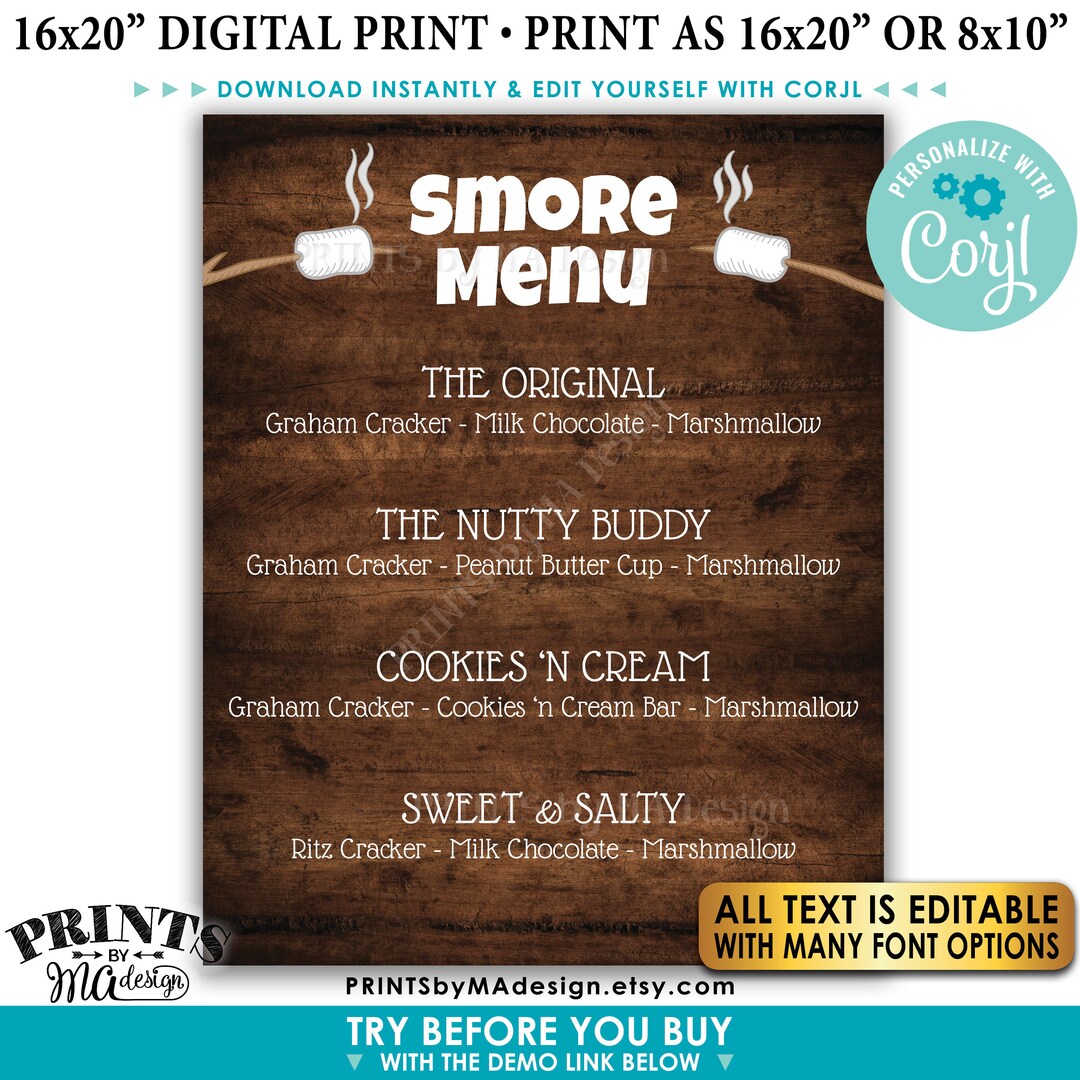 Custom S'more Sign, Smore Station, All Text is Editable, PRINTABLE 8x10 ...