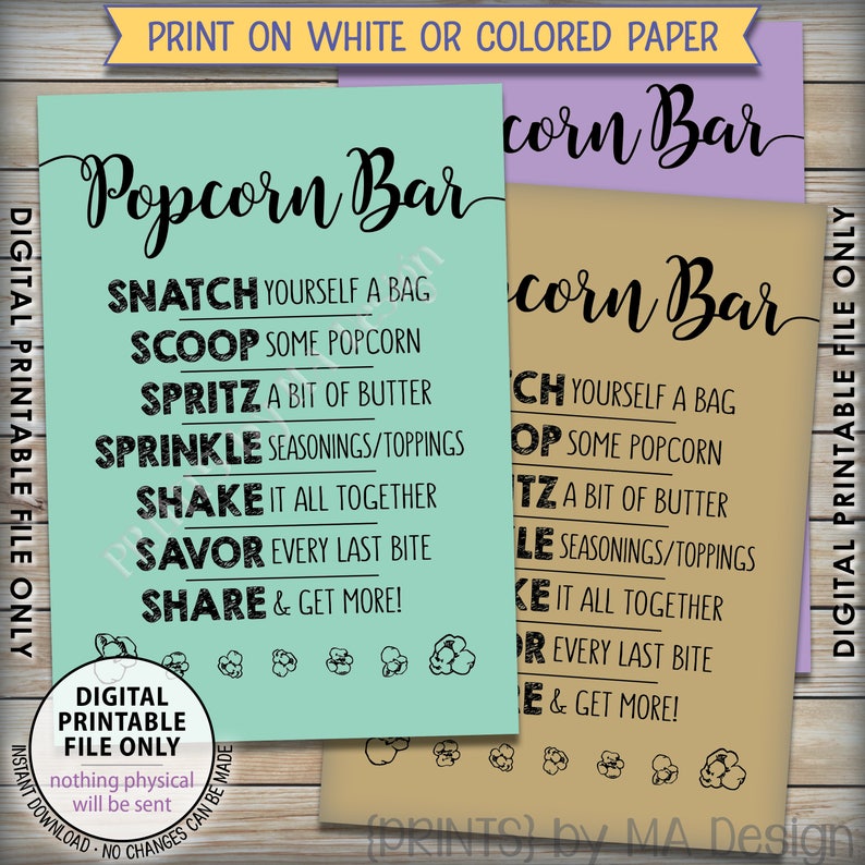 Popcorn Bar Sign, Popcorn Toppings, Popcorn Bar Directions, Wedding ...