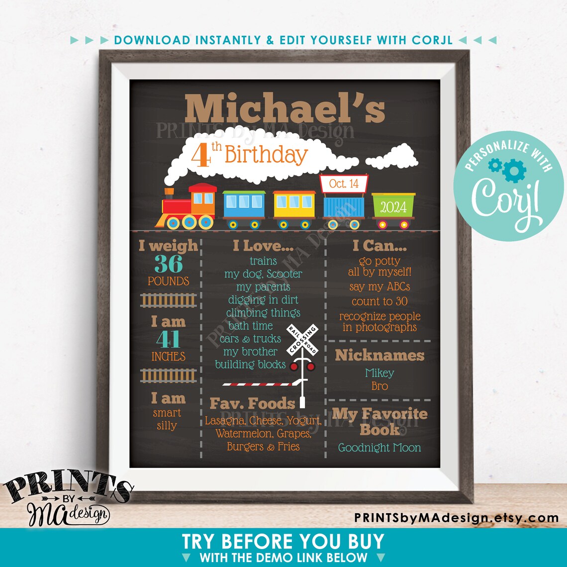 Train Birthday Poster, Train Theme Bday Board, Yearly Stats Milestones ...