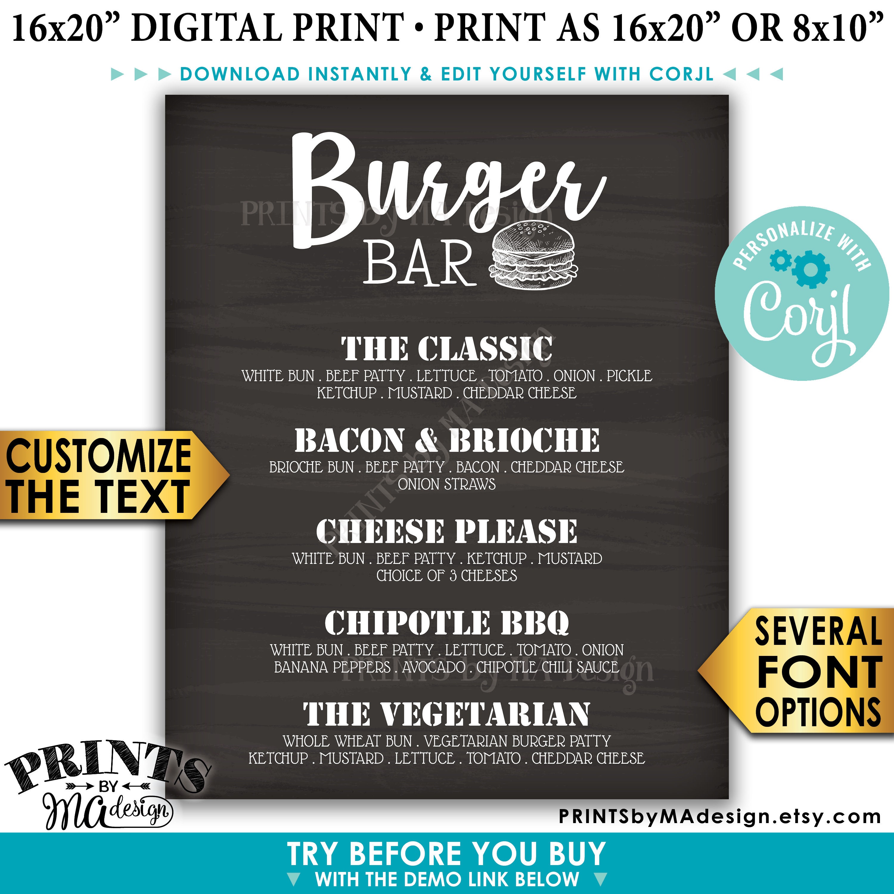 Burger Bar Sign, Custom Burger Menu, Build Yourself a Burger, PRINTABLE ...