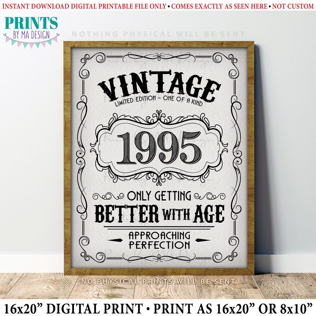 1995 Birthday Sign, Better With Age Vintage Birthday Poster, Aged to ...