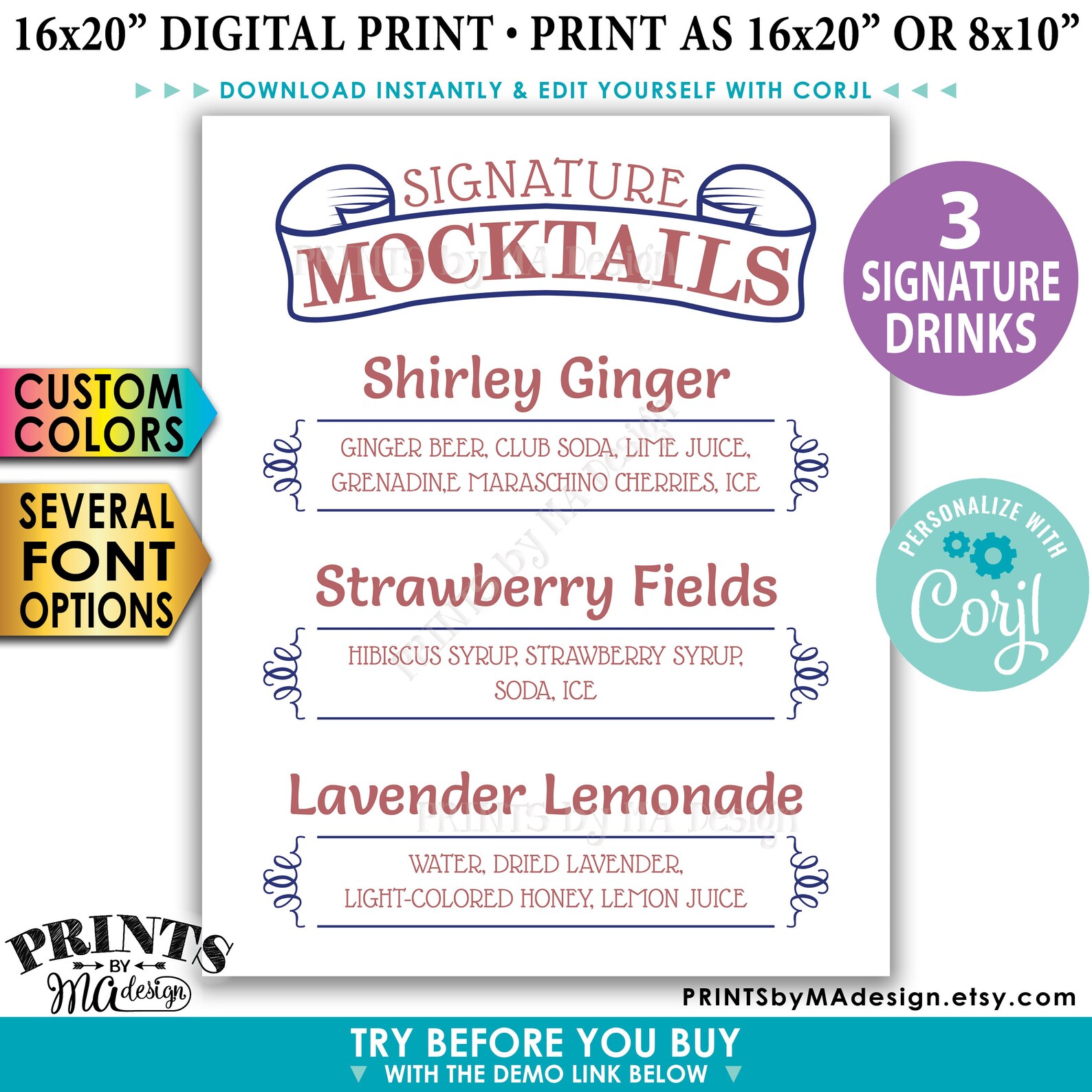 Signature Mocktails Sign 3 Non-alcoholic Beverages Custom - Etsy