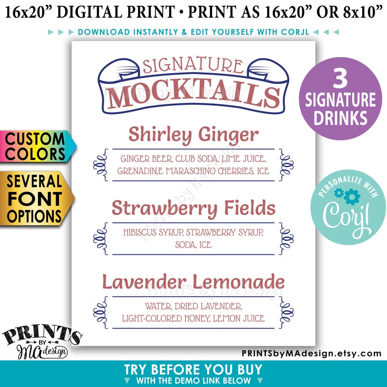 Signature Mocktails Sign, 3 Non-alcoholic Beverages, Custom PRINTABLE ...