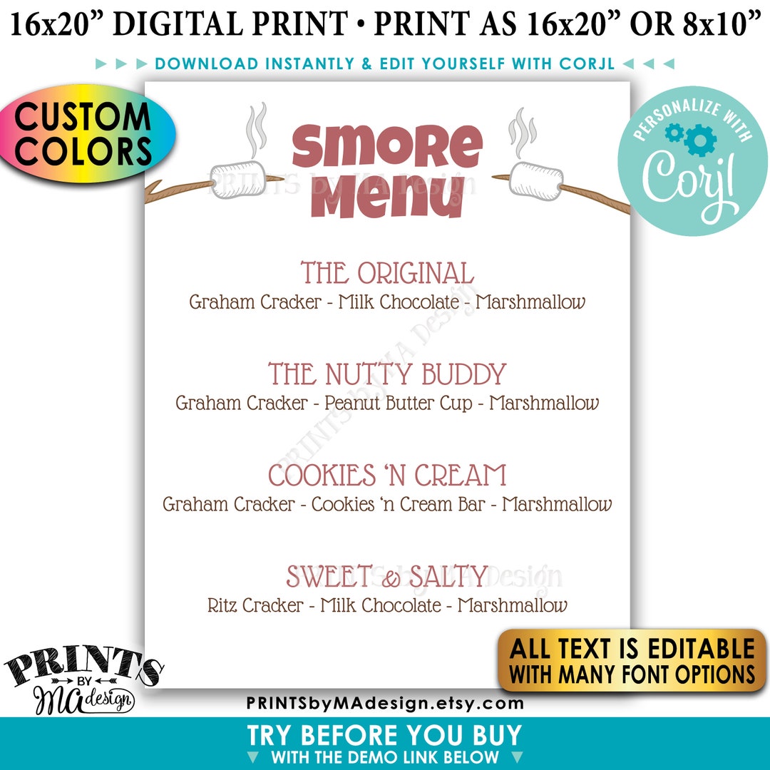 Custom S'more Sign, Smore Station, All Text is Editable, PRINTABLE 8x10 ...