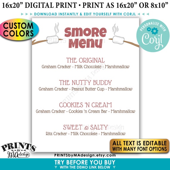 Custom S'more Sign Smore Station All Text is Editable - Etsy