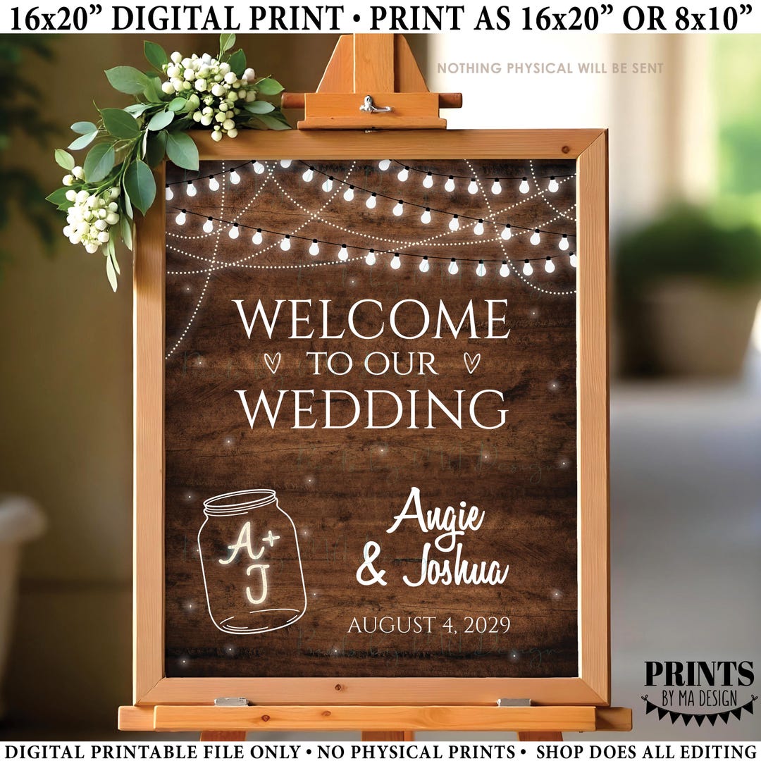 Wedding Welcome Sign, Welcome to Our Wedding, Lights, Jar, Fireflies ...