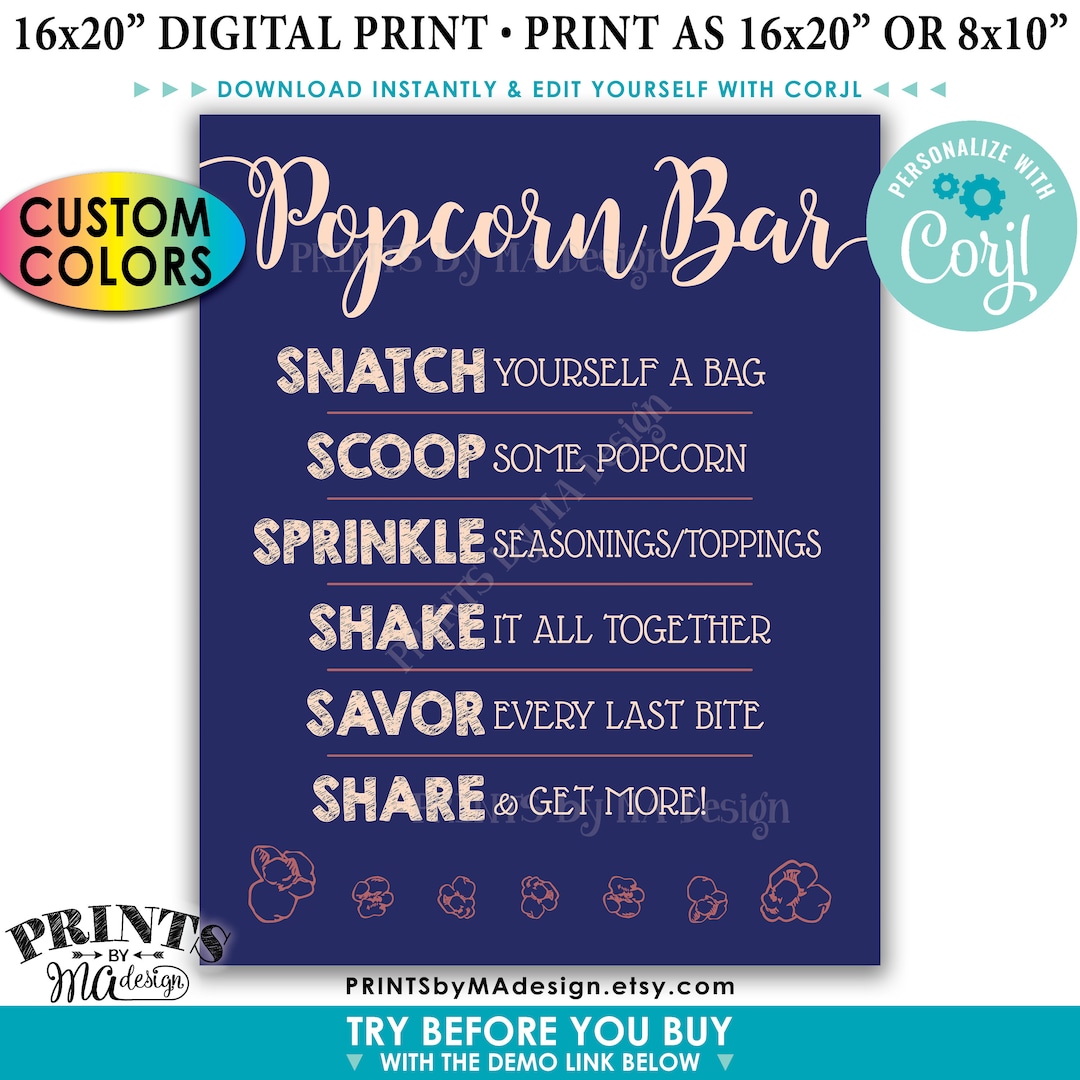Popcorn Bar Sign, Popcorn Toppings Directions, Custom Colors PRINTABLE ...