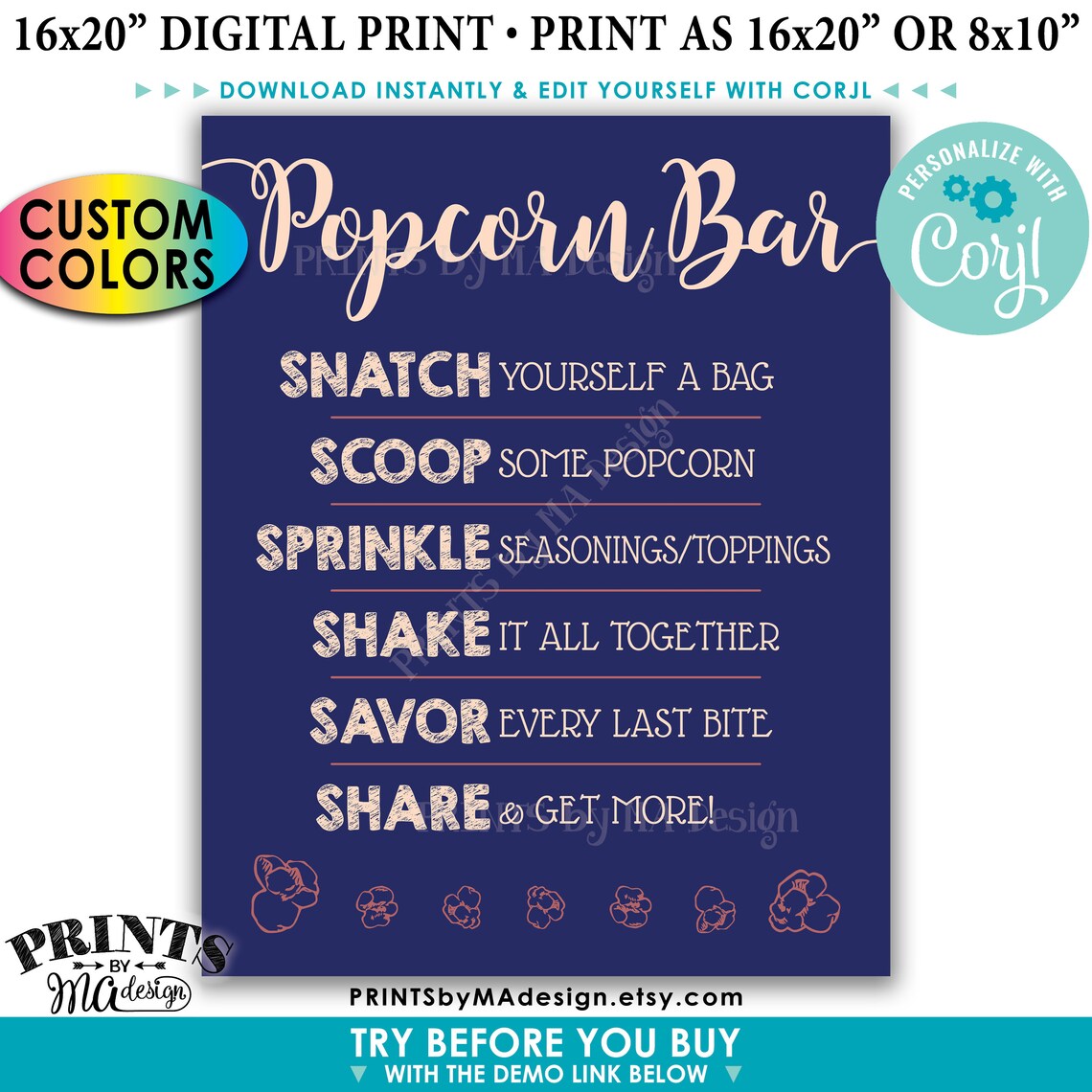 Popcorn Bar Sign Popcorn Toppings Directions Custom Colors | Etsy