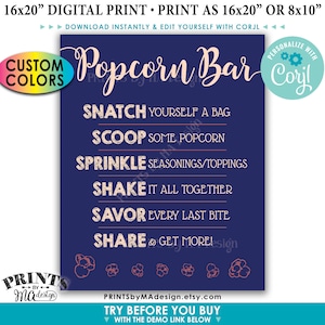 Popcorn Bar Sign, Popcorn Toppings Directions, Custom Colors PRINTABLE ...