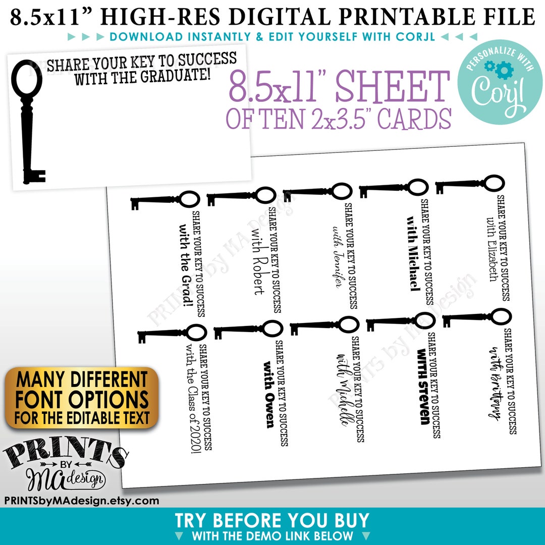 Editable Key to Success Cards, Have Guests Share Their Key to Success ...