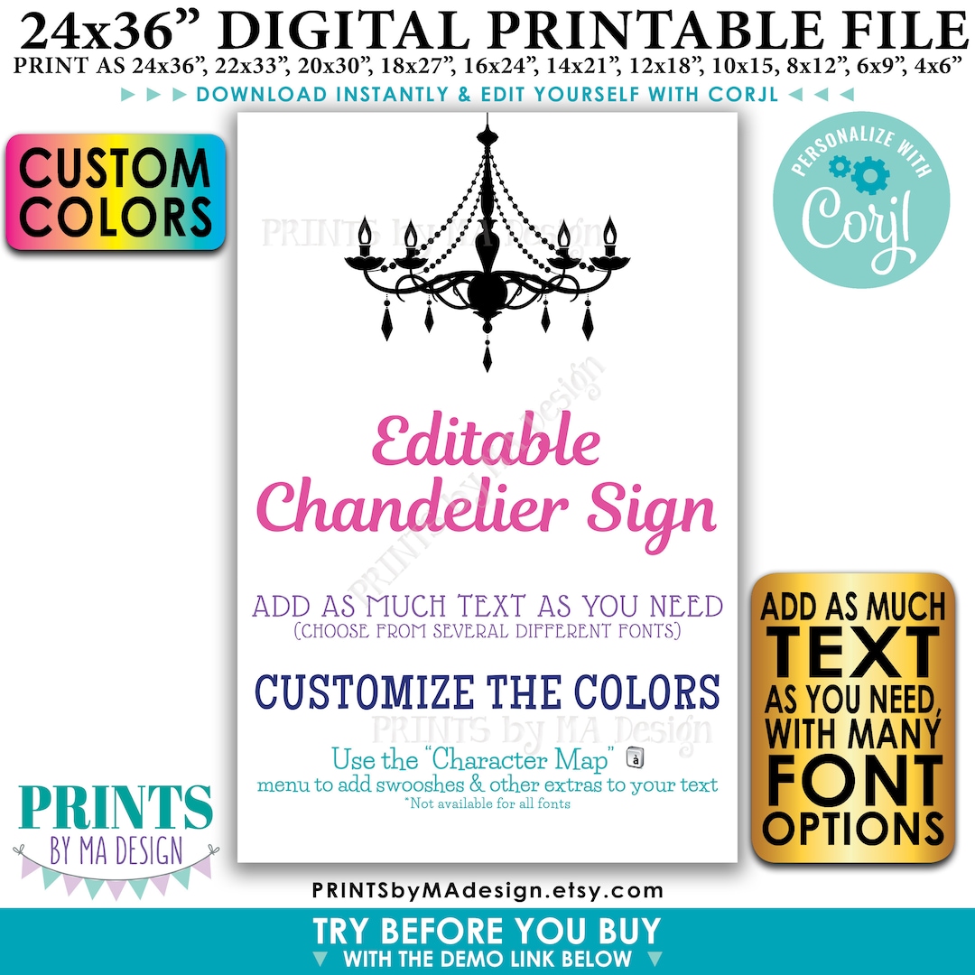 Editable Chandelier Sign, One Custom PRINTABLE 24x36” Portrait Sign ...