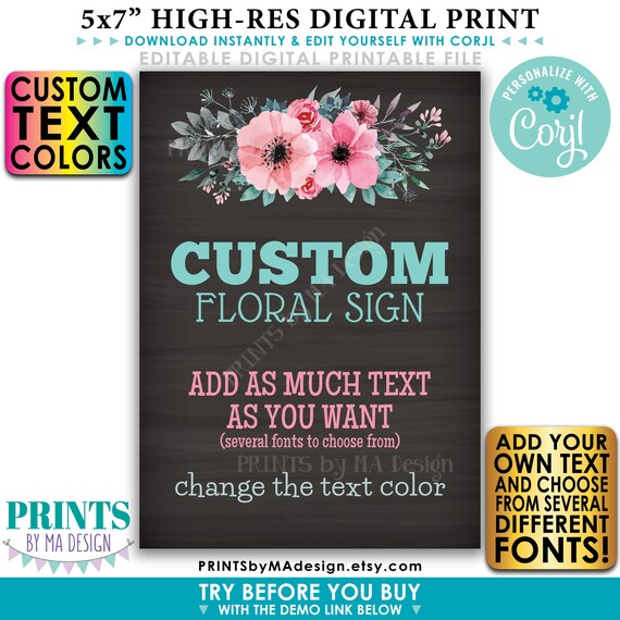 Editable Sign With Pink & Teal Flowers Choose Your Text One - Etsy
