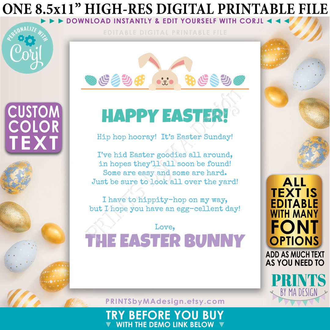 Editable Letter From Easter Bunny, Custom Text and Text Colors, One ...