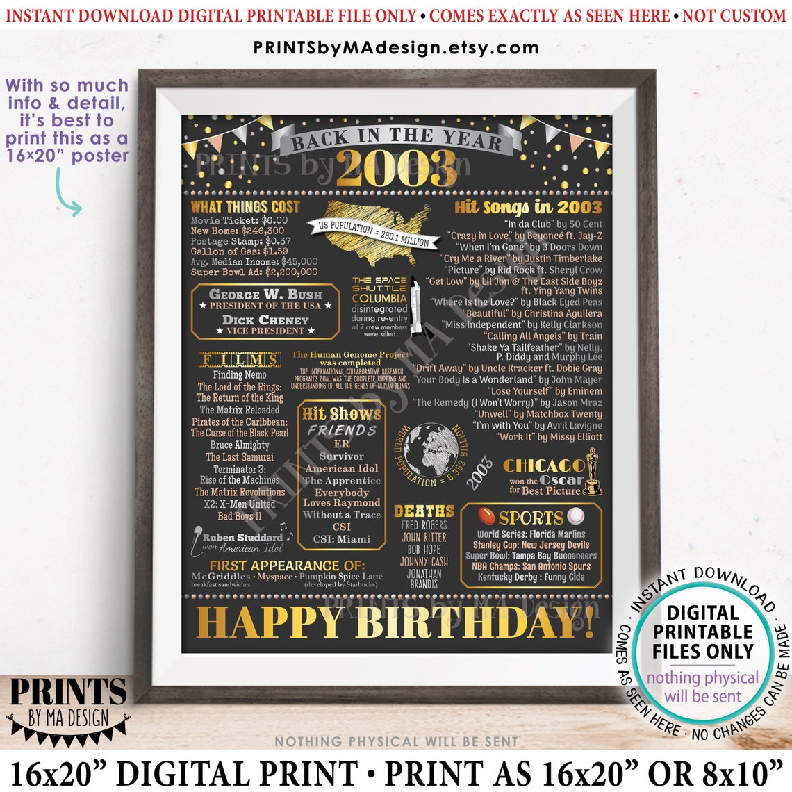 Back in the Year 2003 Birthday Sign Flashback to 2003 Poster | Etsy
