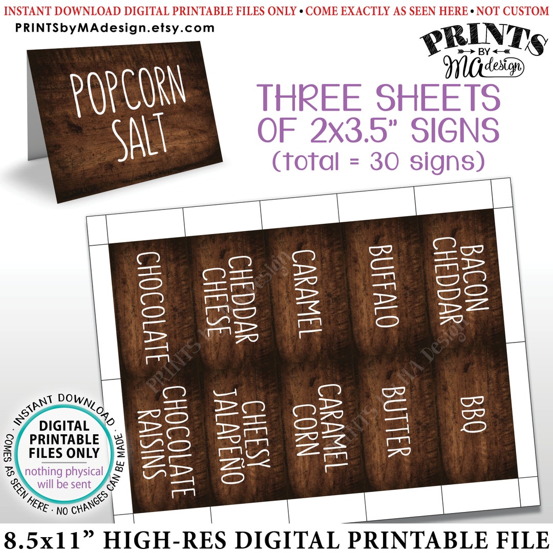 Popcorn Bar Labels, Popcorn Toppings, Sweet & Savory, 30 Rustic Wood ...