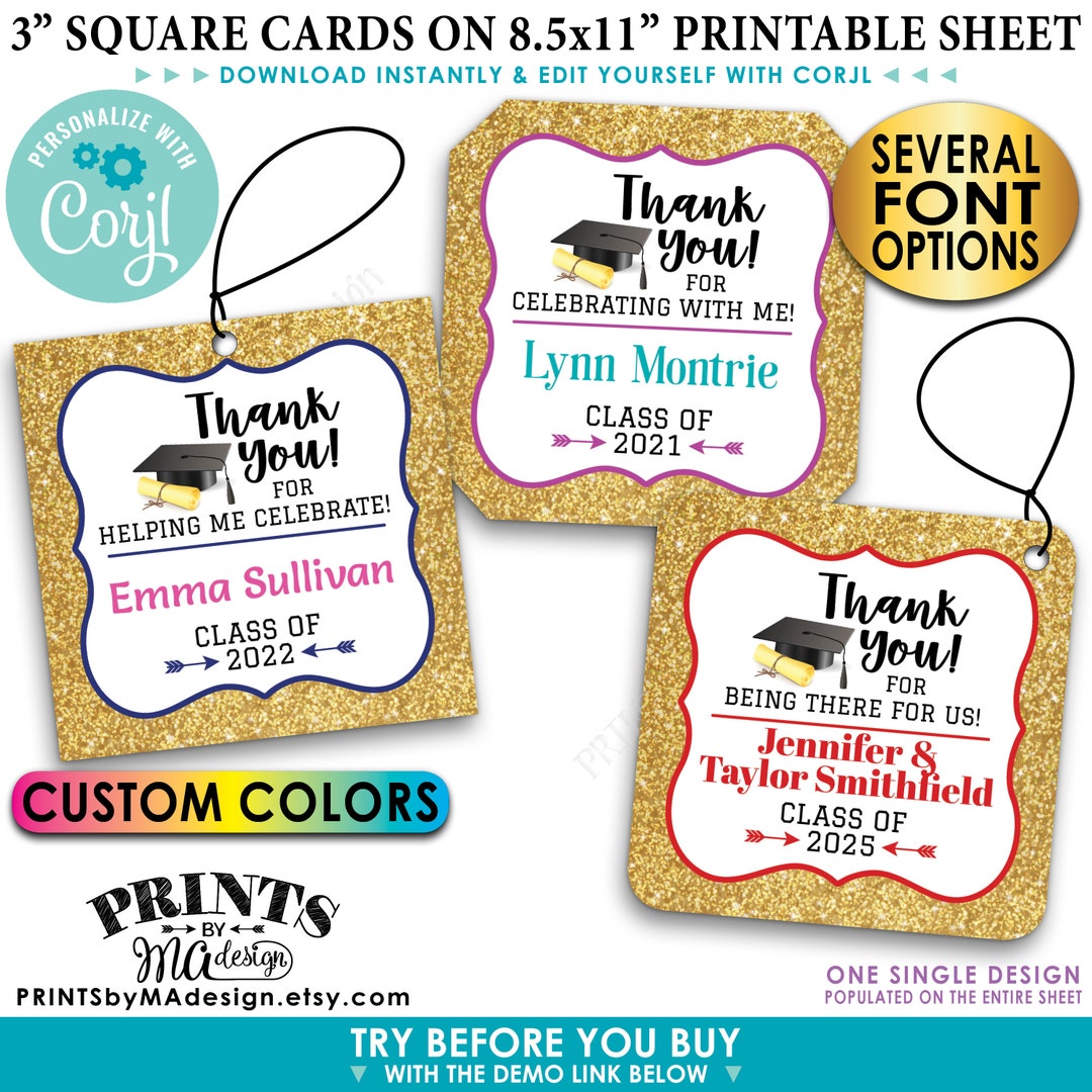 Graduation Thank You Tags, Gold Glitter Grad Party Favors, Digital ...