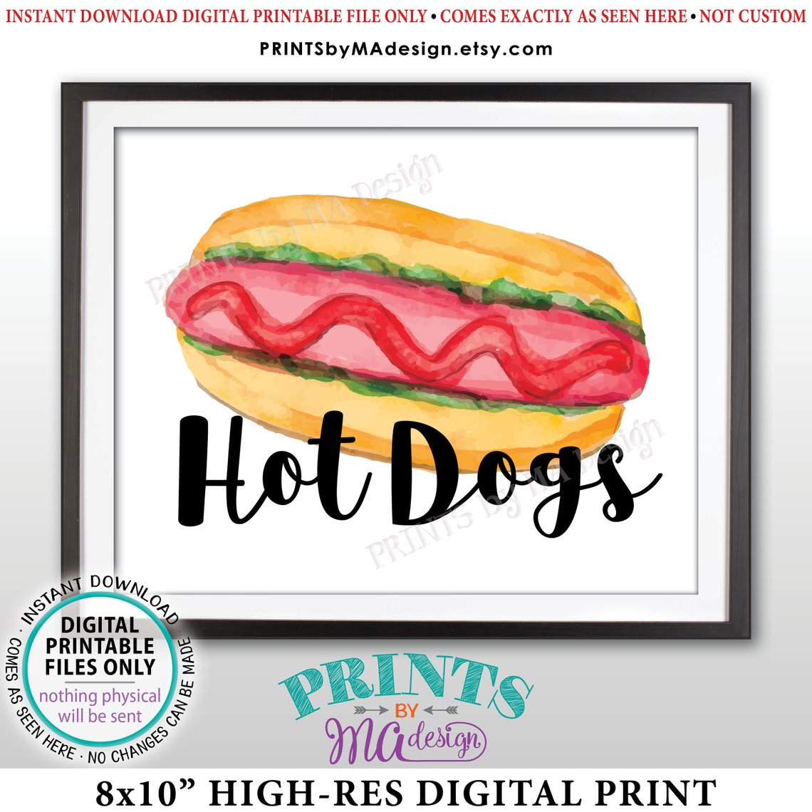 Hot Dogs Sign Barbeque Cook Out PRINTABLE 8x10 Watercolor - Etsy