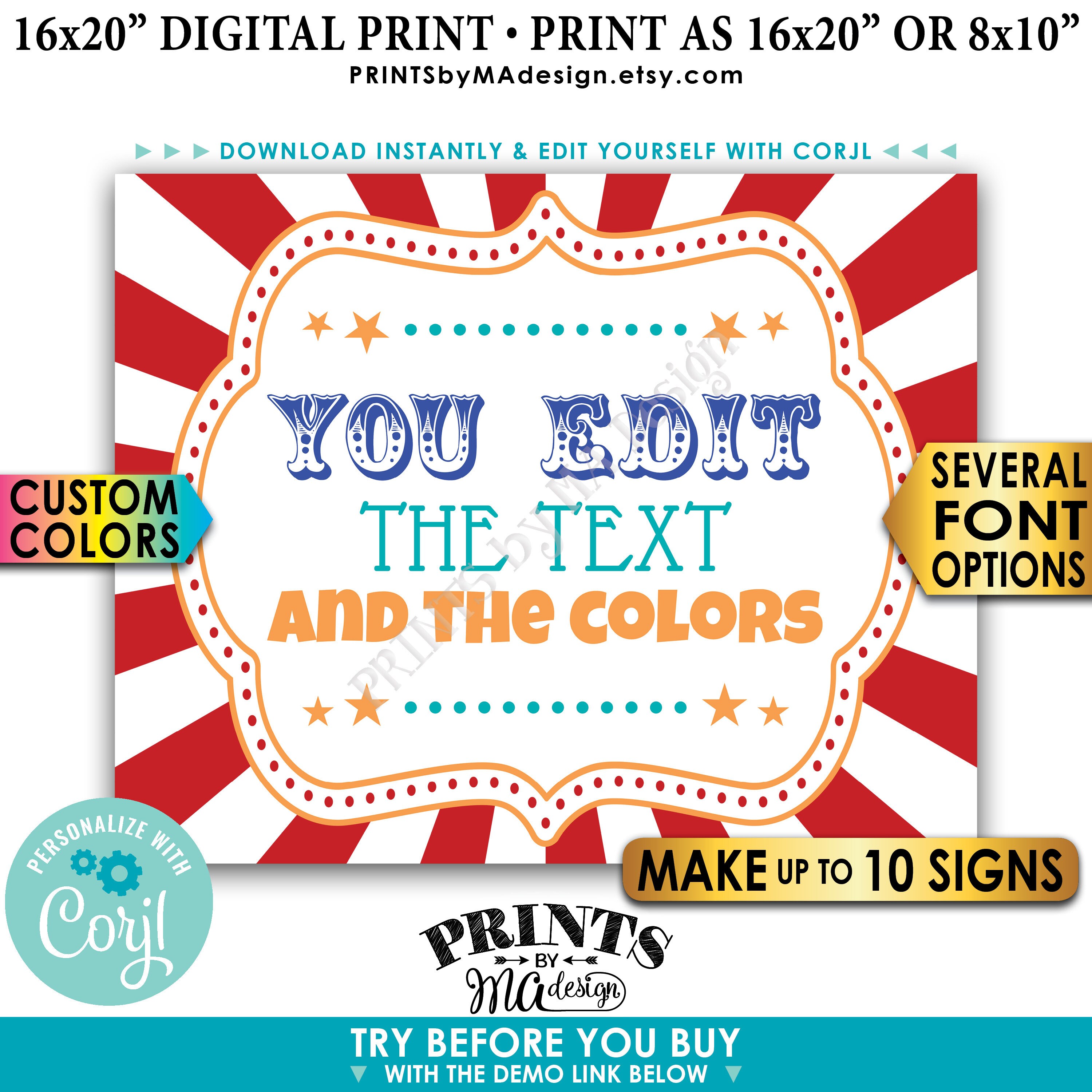 Editable Carnival Signs Circus Theme Party Birthday Make Up To 10 