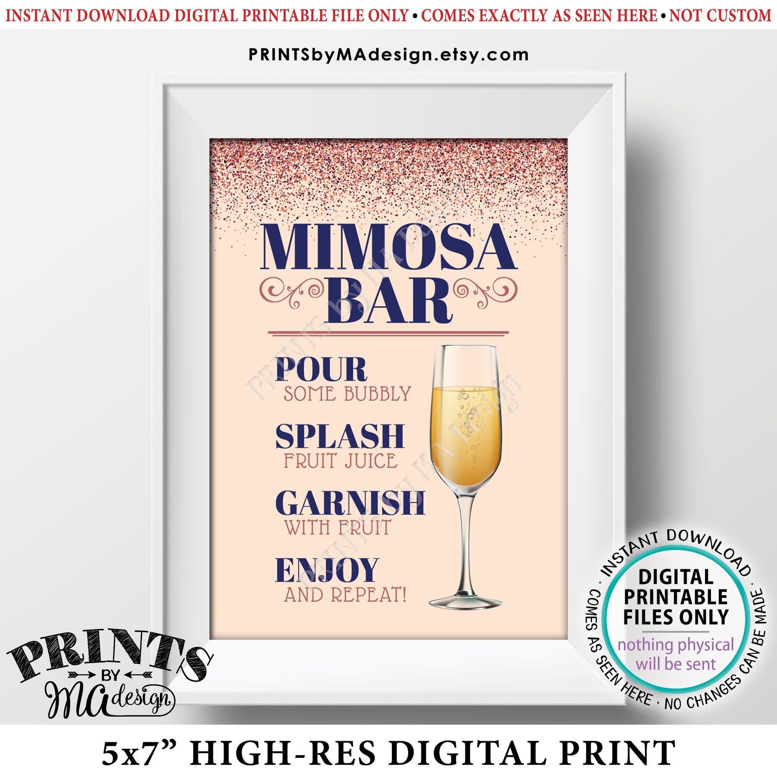 Mimosa Bar Sign, Make Your Own Mimosa Sign, PRINTABLE 5x7” Sign, Navy ...