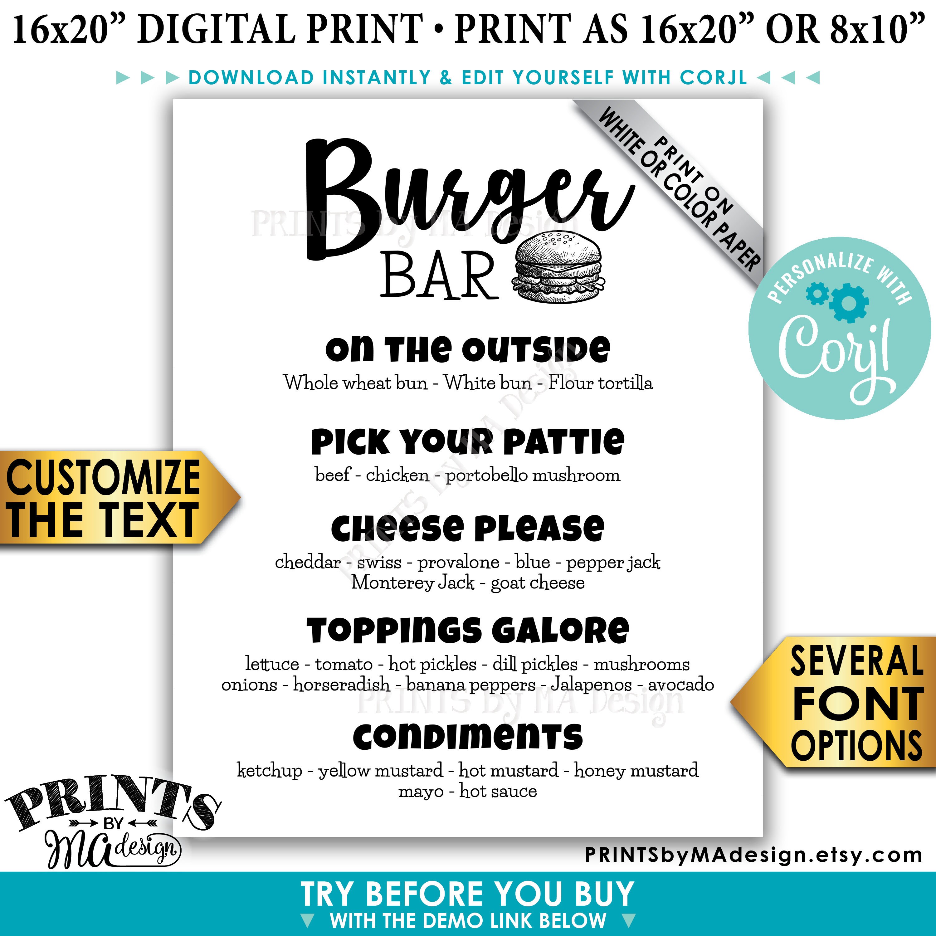 Burger Bar Sign Build Yourself A Burger Custom Burger Menu Printable 8x1016x20” Sign 