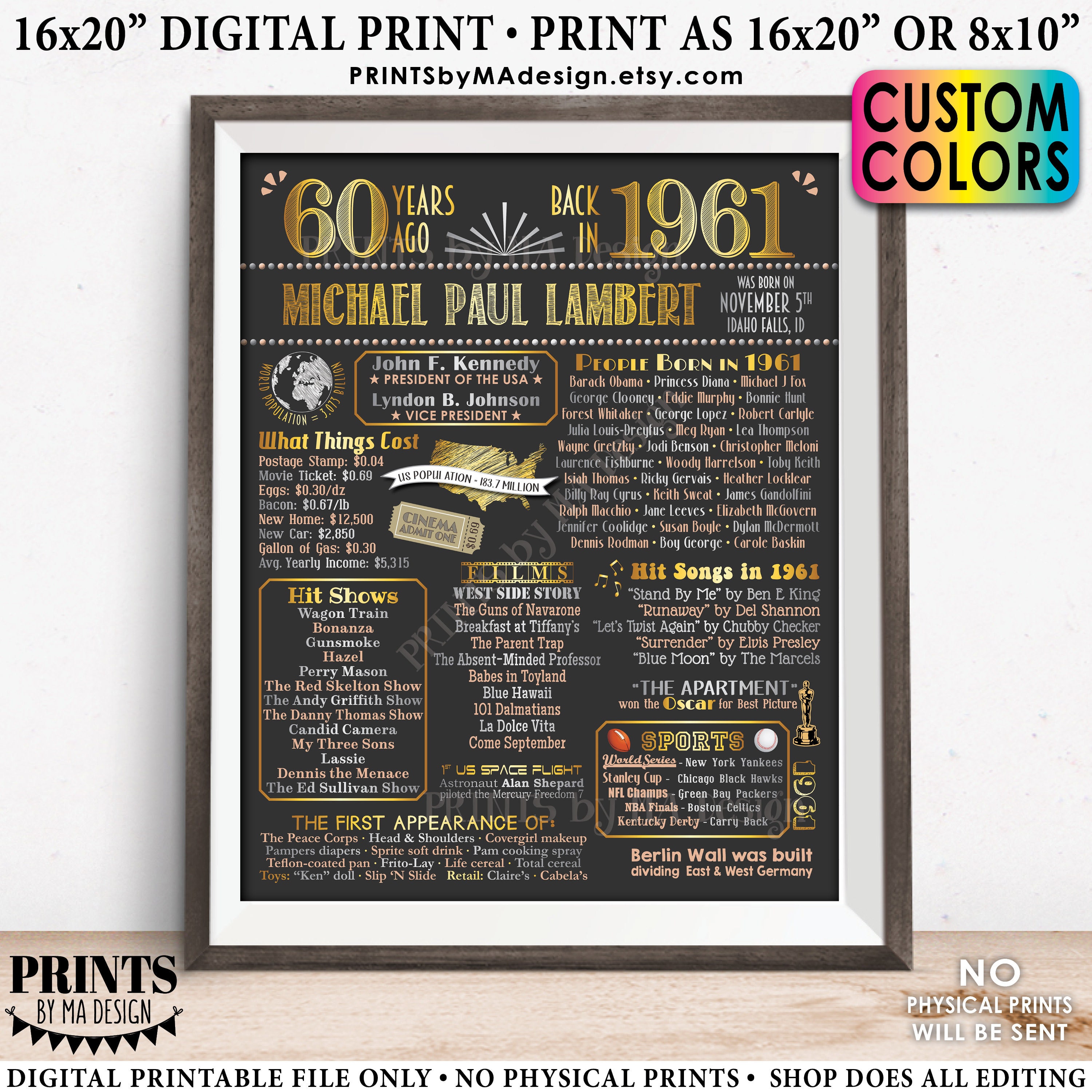 60th Birthday Poster Board, Born in 1961 Flashback 60 Years Ago B-day ...