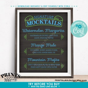 Signature Mocktails Sign, 3 Non-alcoholic Beverages, Custom PRINTABLE ...